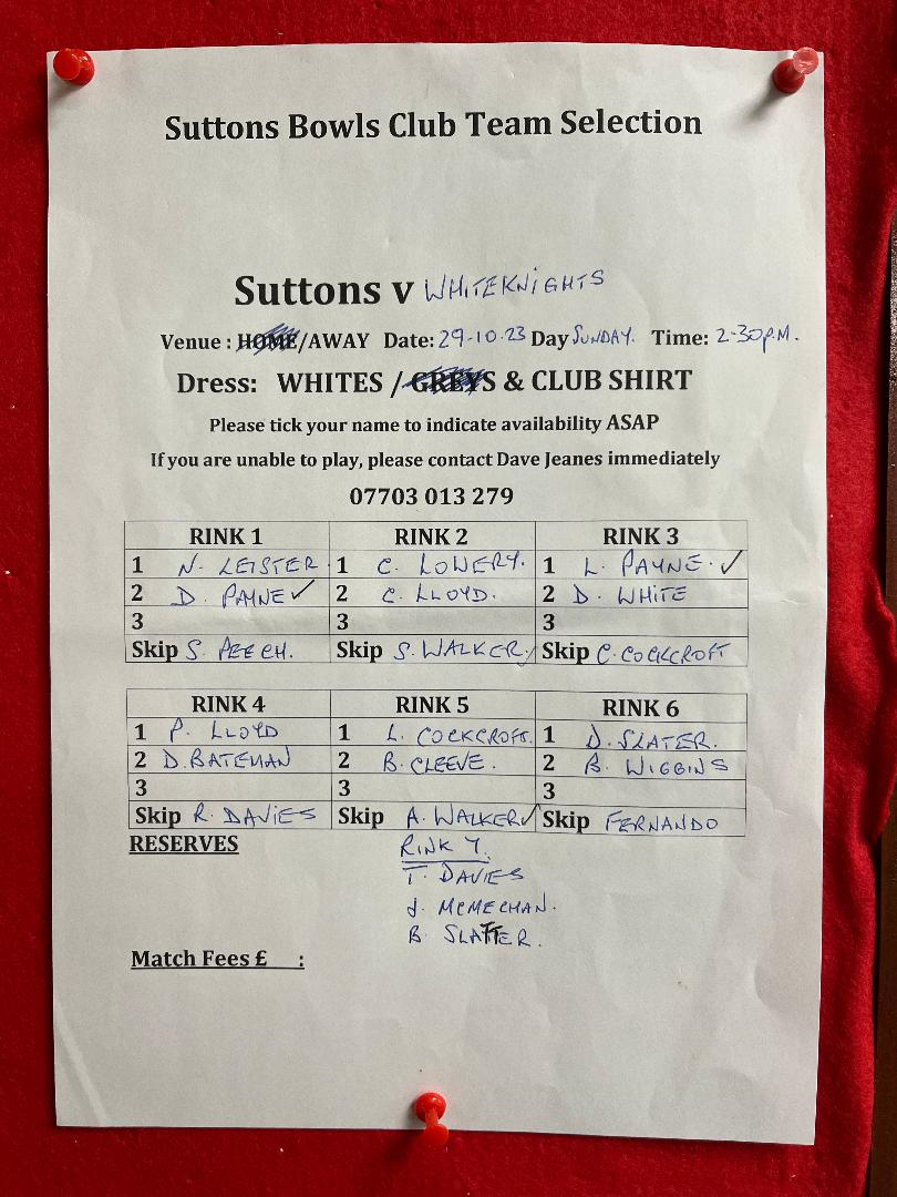 Team Sheet v Whiteknights | Suttons Bowling Club